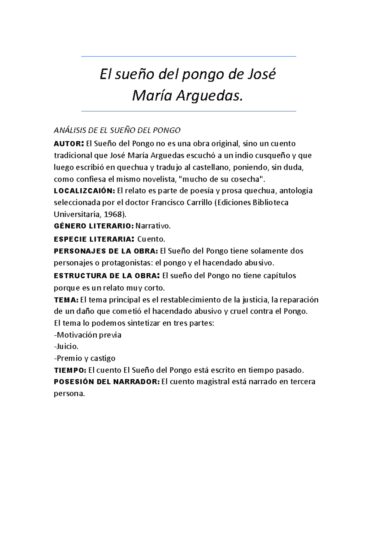 El sueño del pongo de José María Arguedas - ANÁLISIS DE EL SUEÑO DEL ...