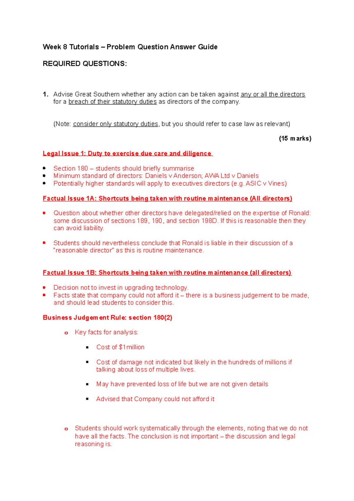 Week 8 - Company Law - Tutorial Answer Guide - Week 8 Tutorials ...