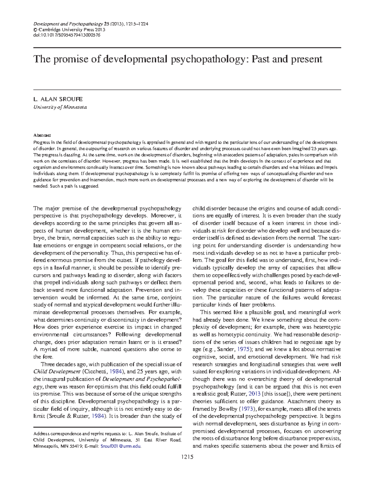 Sroufe 2013 - The promise of developmental psychopathology: Past and ...