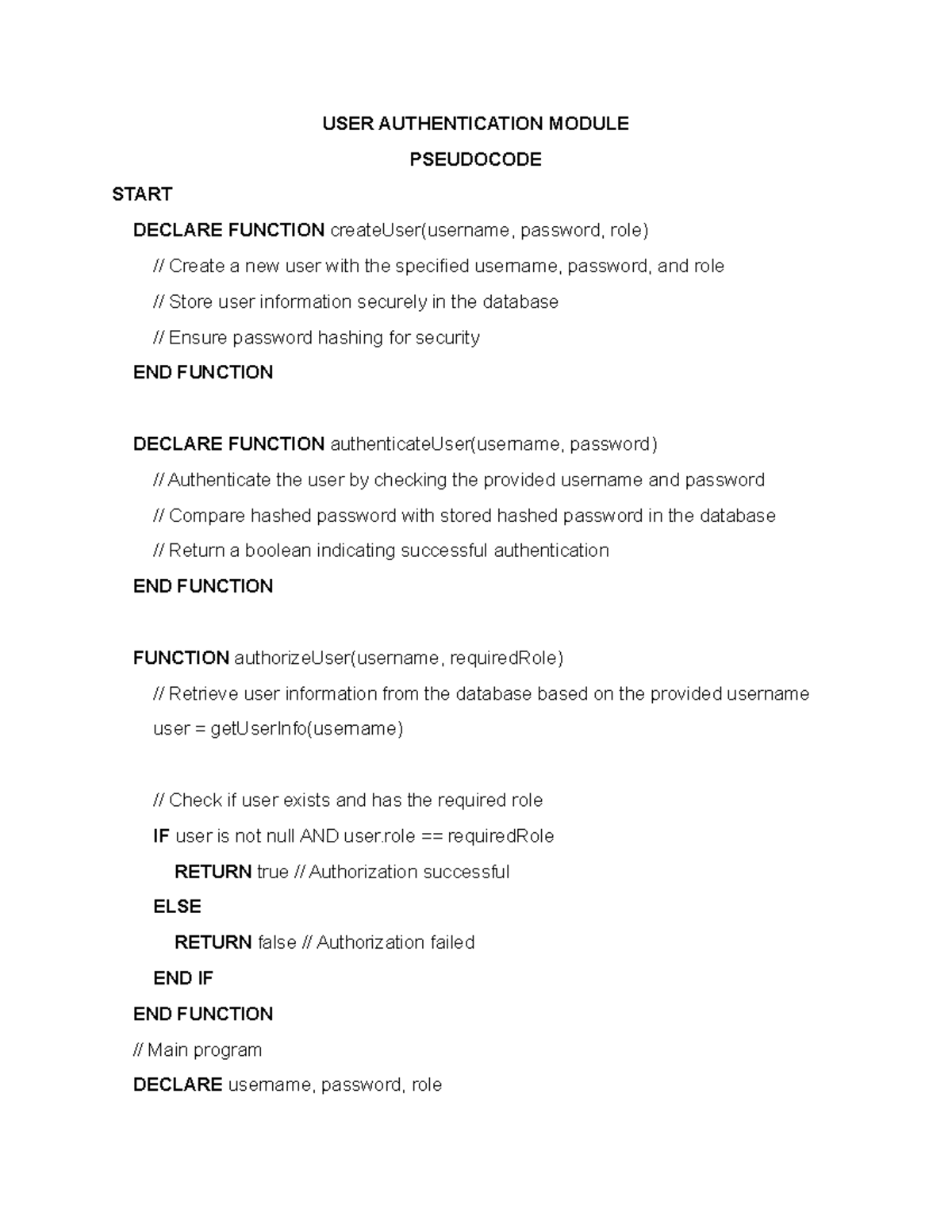 User Authentication Module Pseudo And Flowchart User Authentication Module Pseudocode Start