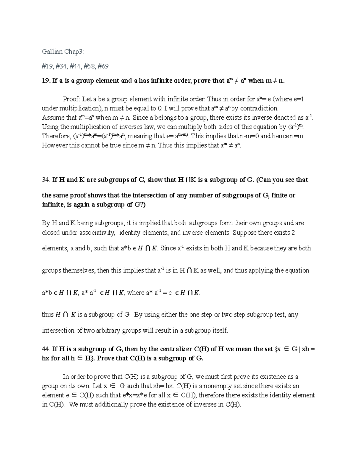 Abstract Algebra HW #3 - homework - Gallian Chap3: #19, #34, #44, #58 ...
