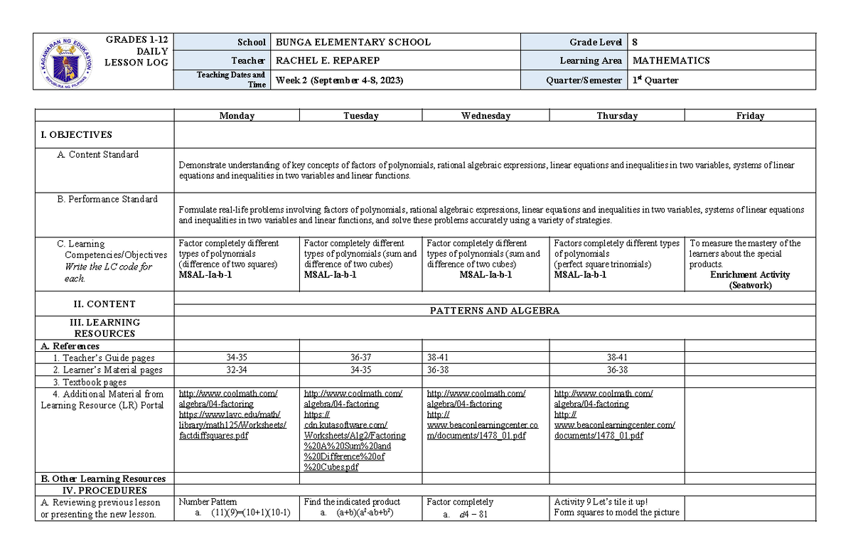 420421596-DLL-Math-8-Week-2 - GRADES 1- DAILY LESSON LOG School BUNGA ...