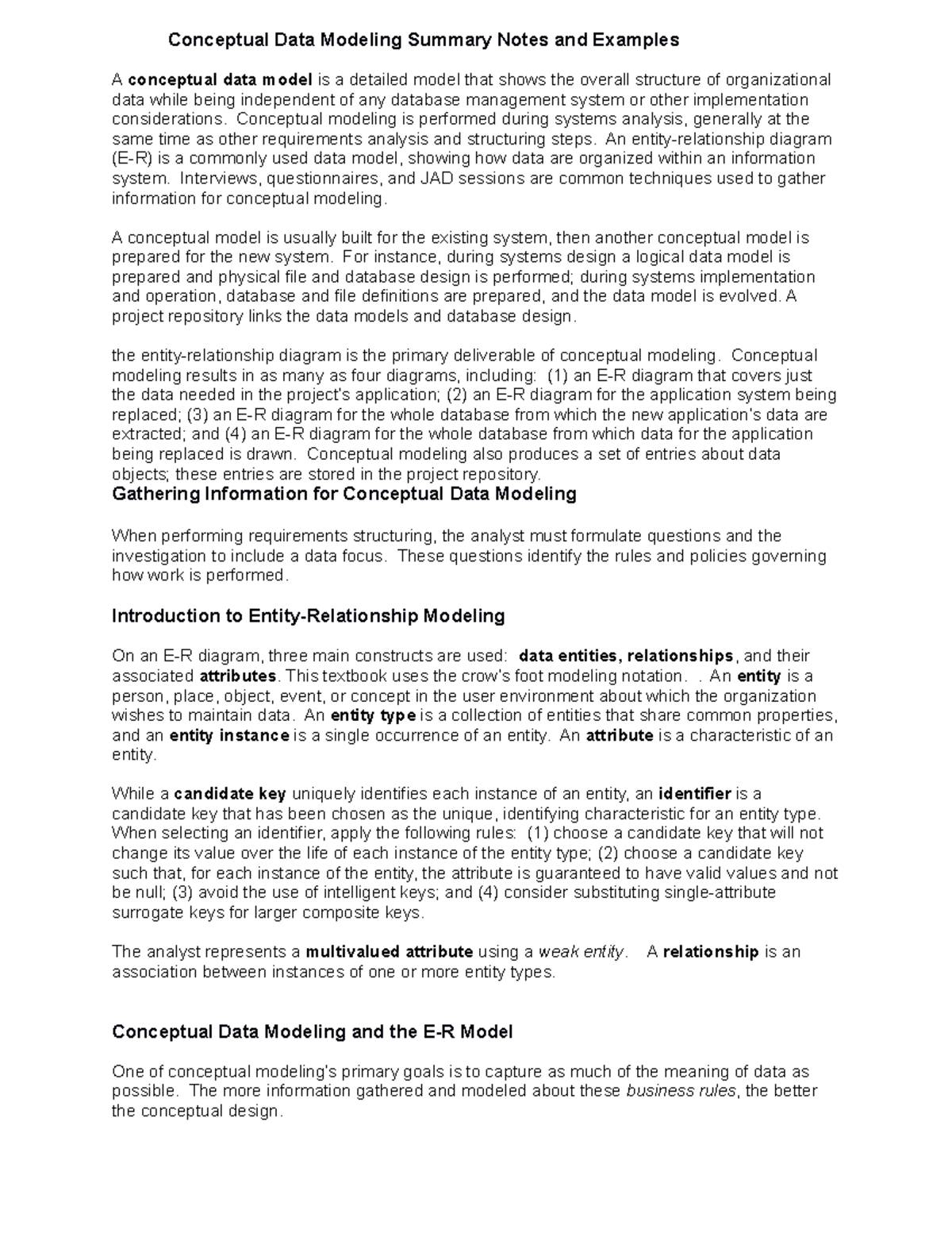 ER-modeling summary and sample ERD - Conceptual Data Modeling Summary ...