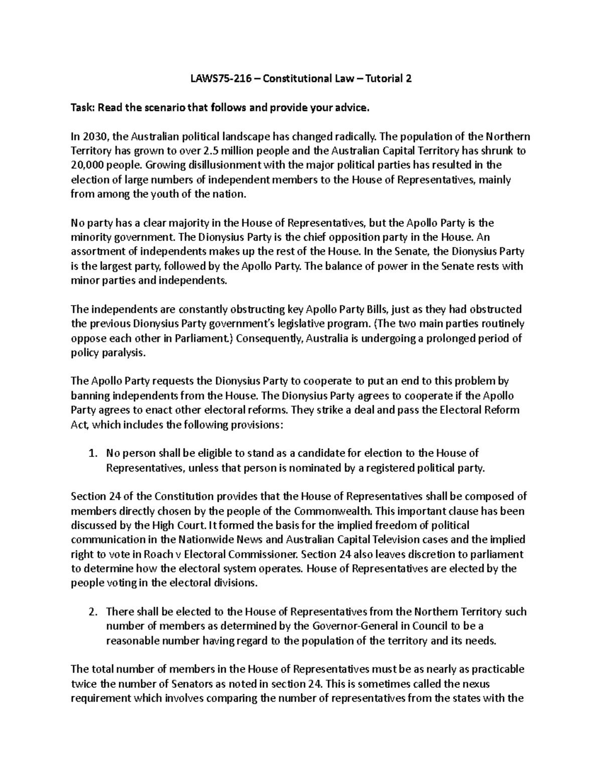 Consti Law - Tutorial 2 - LAWS75-216 – Cons琀椀tu琀椀onal Law – Tutorial 2 Task: Read the scenario ...