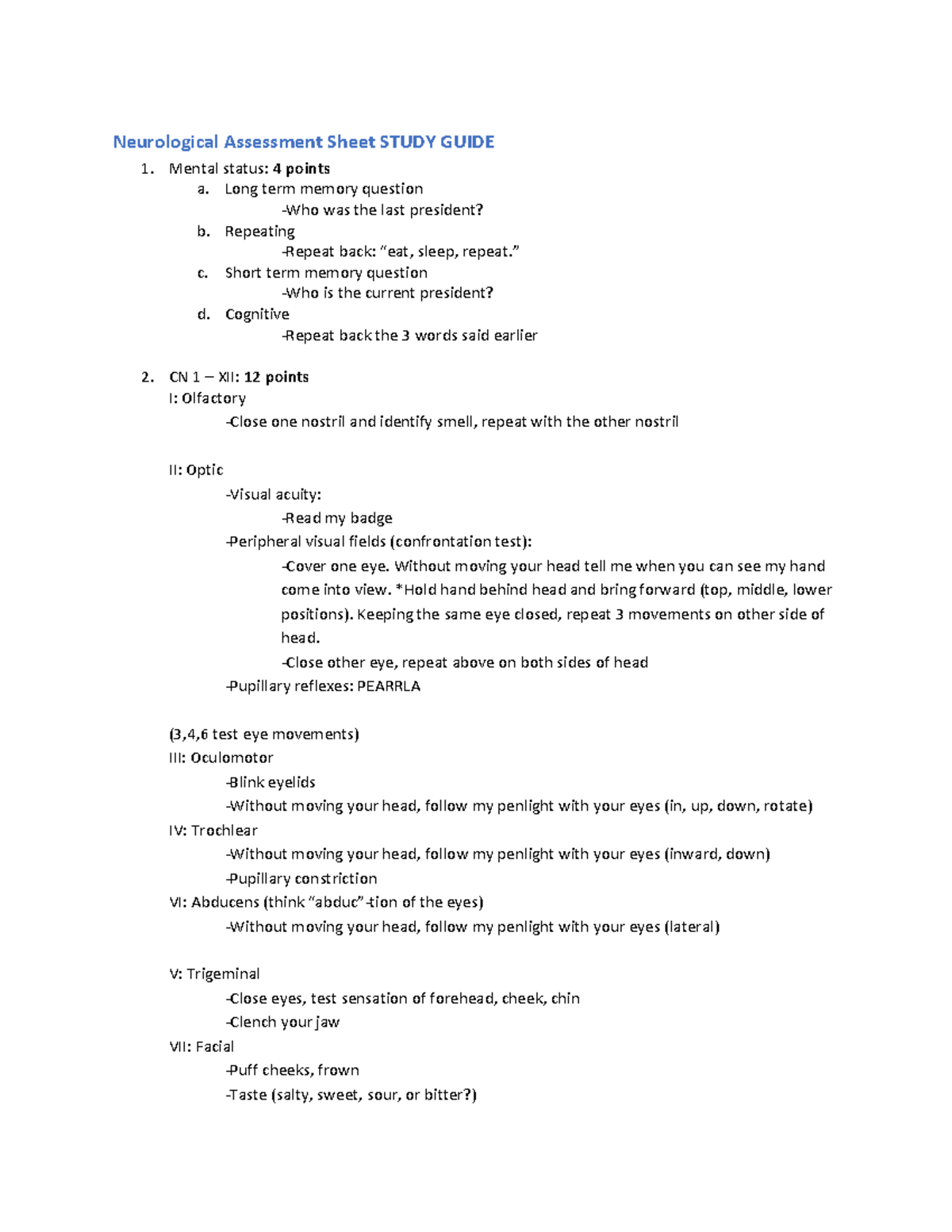 Clinical Neuro Assessment Study Guide - Neurological Assessment Sheet ...