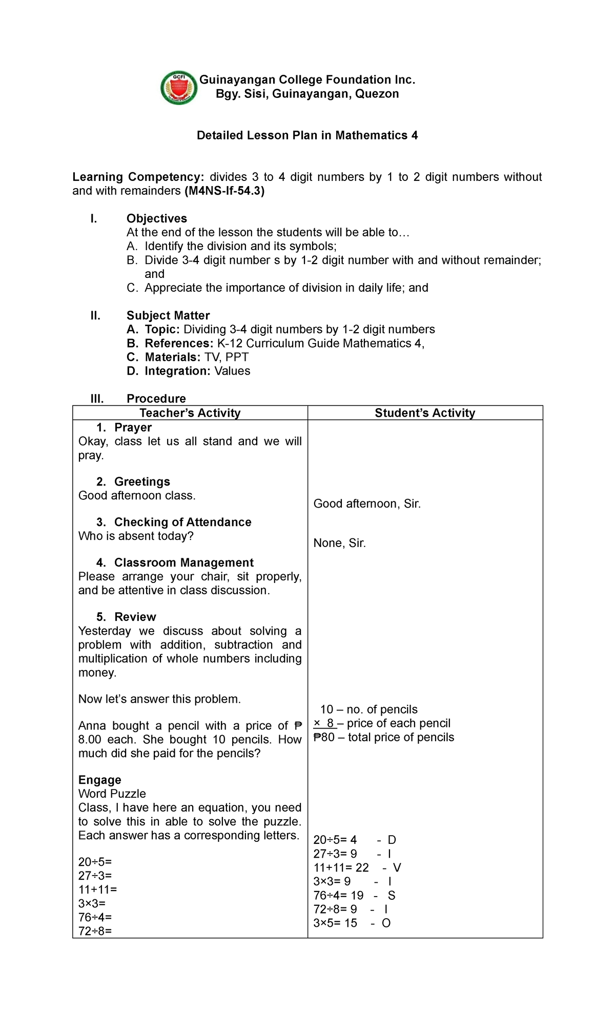 Lesson Plan Math 4 - Lp Math - Guinayangan College Foundation Inc. Bgy ...