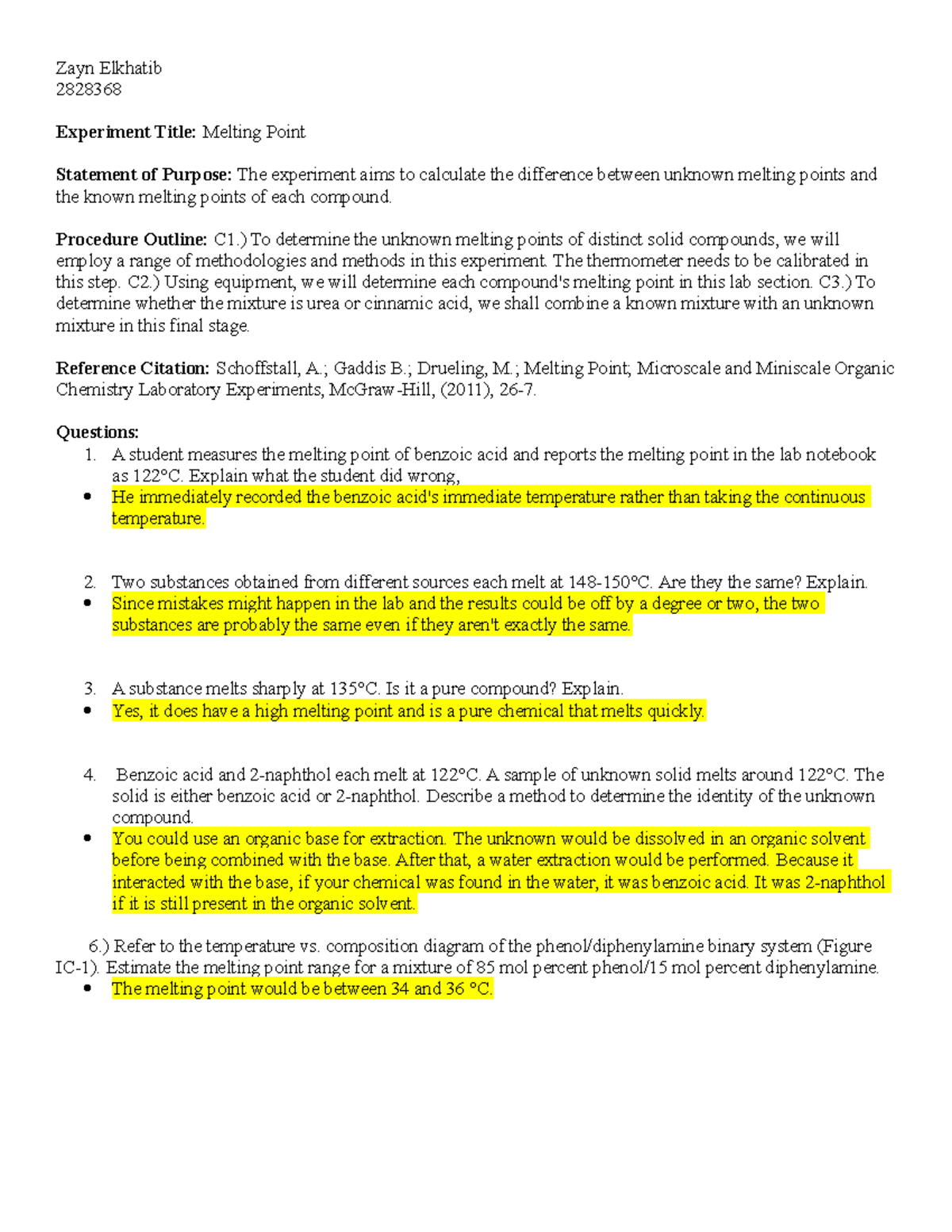 Pre-lab 1 Melting Point - Zayn Elkhatib 2828368 Experiment Title ...