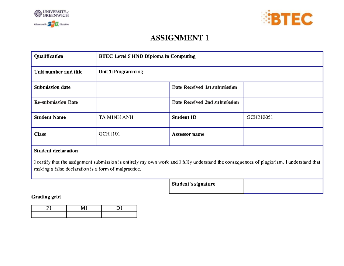 Assignment 1 C# Tạ Minh Anh - ASSIGNMENT 1 Qualification BTEC Level 5 HND Diploma in Computing ...