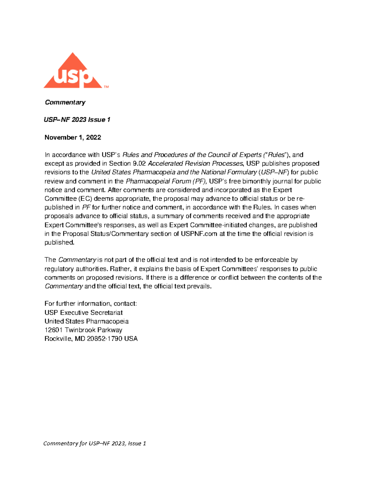 Usp nf 2023 issue 1 commentary 20221101 - Commentary USP–NF 2023 Issue ...