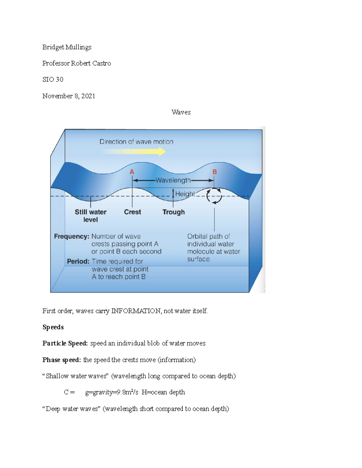 SIO 30: Ocean Waves - Bridget Mullings Professor Robert Castro SIO 30 November 8, 2021 Waves ...