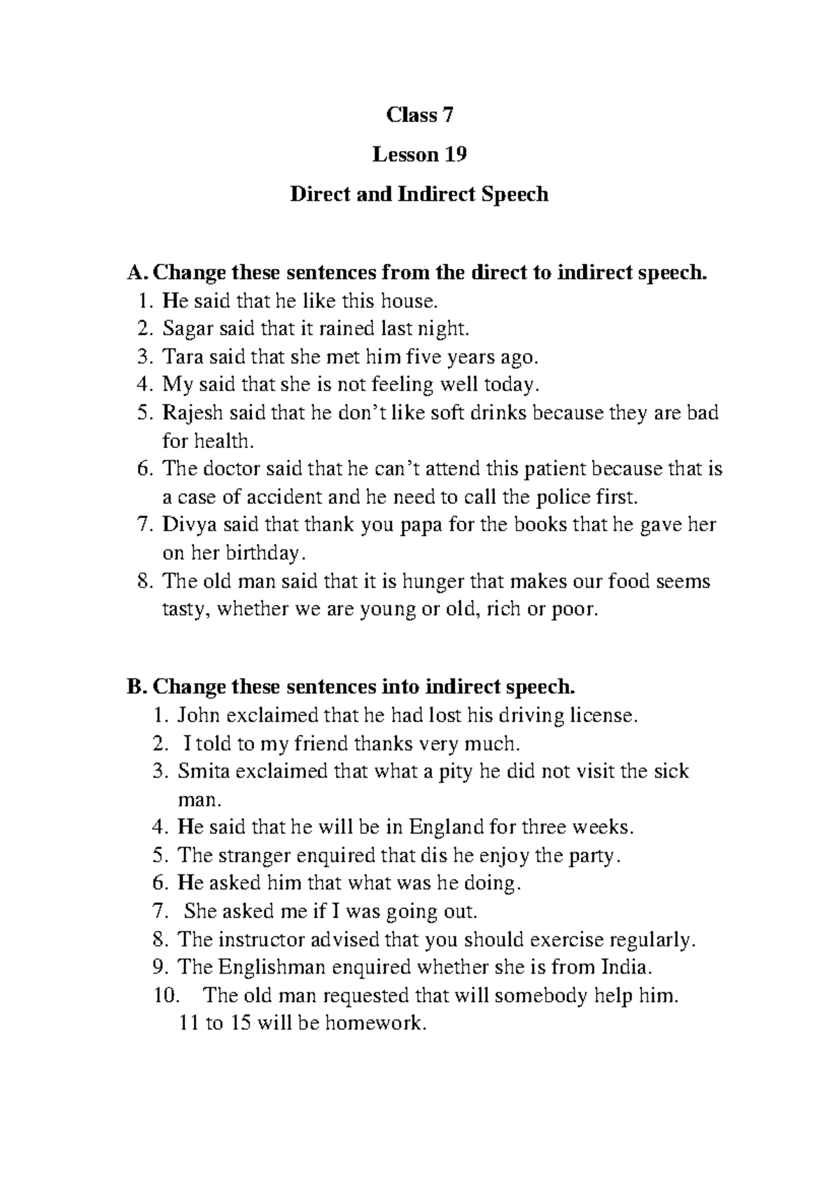Indirect and Direct Speech Activity - Class 7 Lesson 19 Direct and ...
