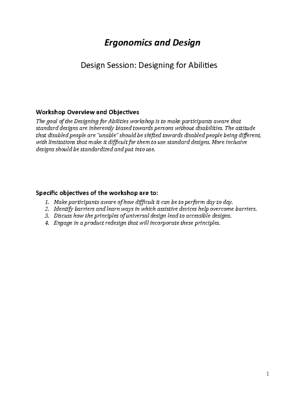 Design Session 1 - Ergonomics and Design Design Session: Designing for ...