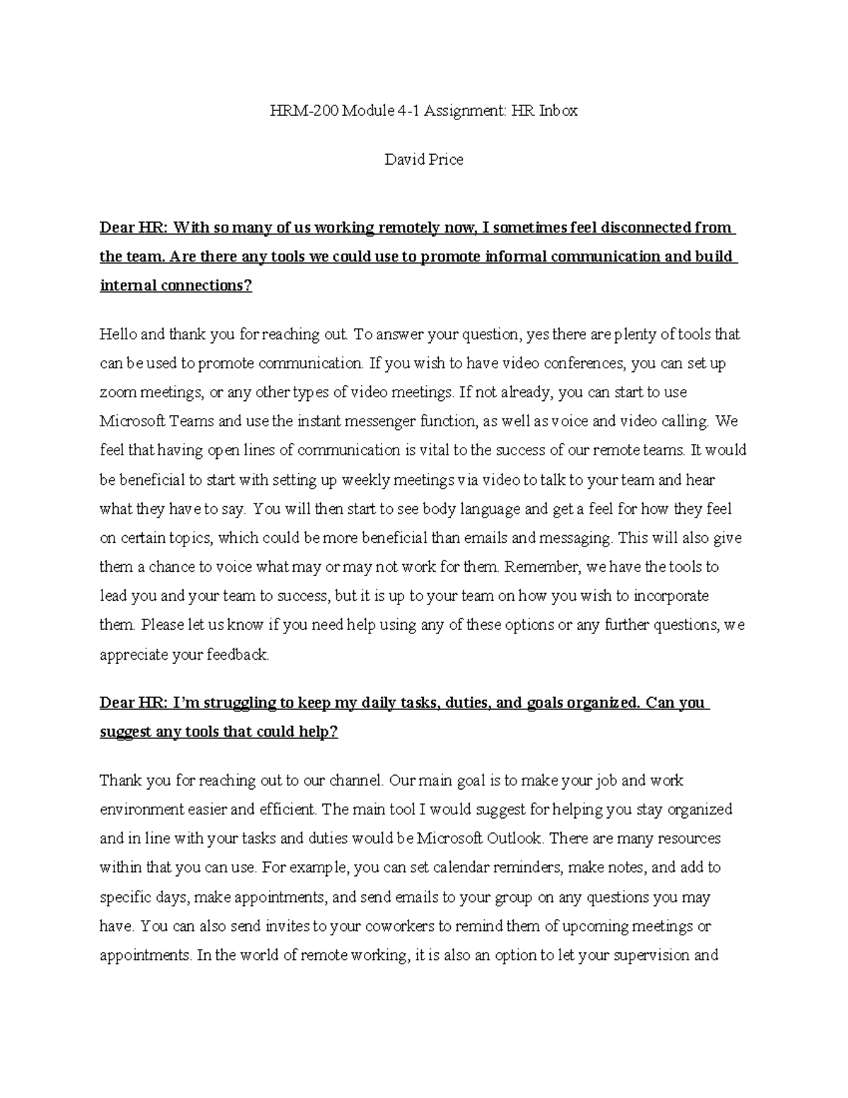 HRM 200 Assignment 4-1 - Module 4 - HRM-200 Module 4-1 Assignment: HR Inbox David Price Dear HR ...