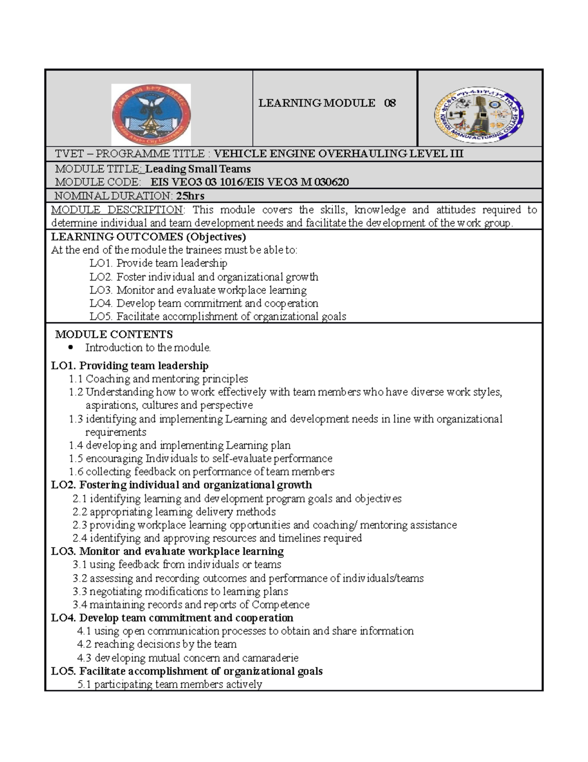 Learning Module uc 08 - LEARNING MODULE 08 TVET – PROGRAMME TITLE ...