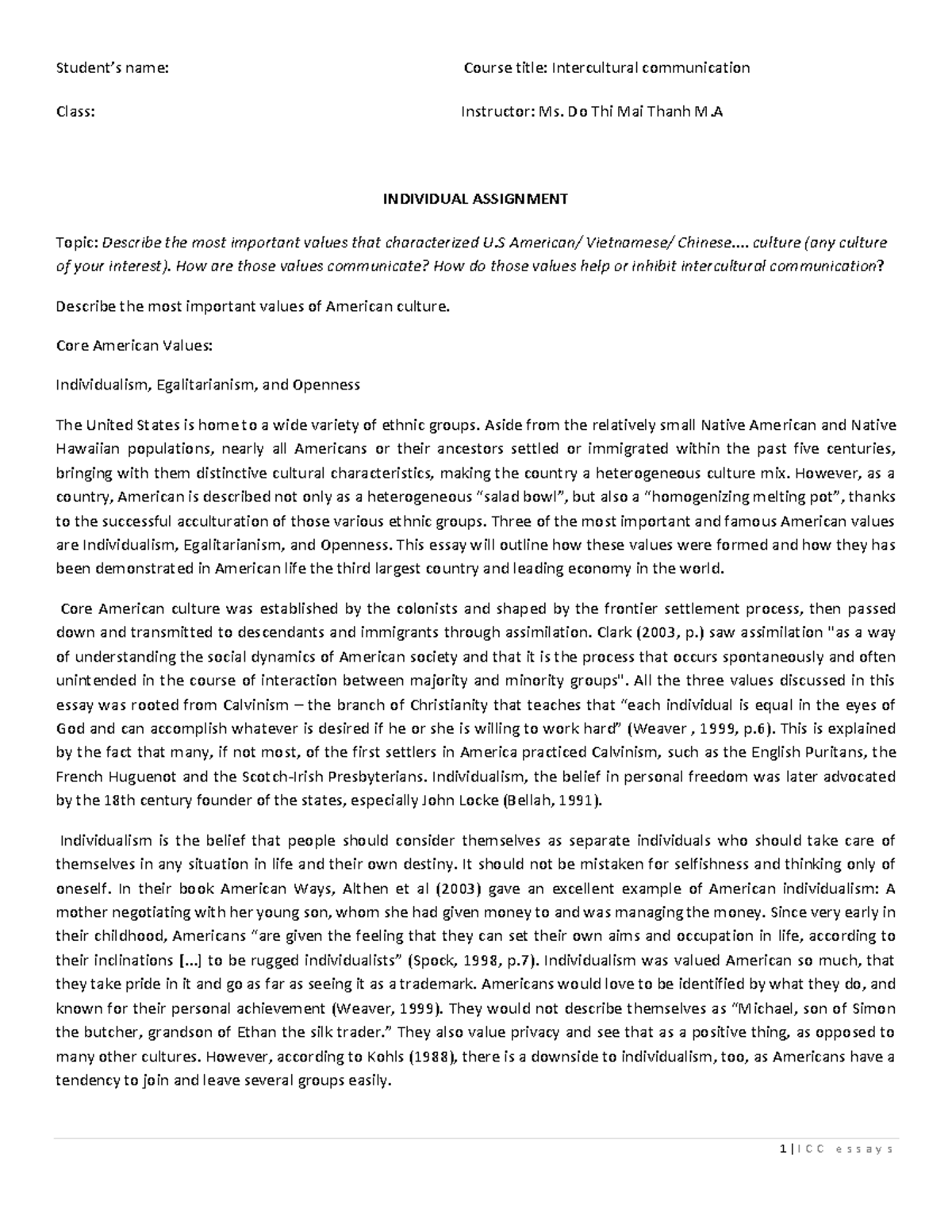 Sample essays ICC - Student’s name: Course title: Intercultural ...