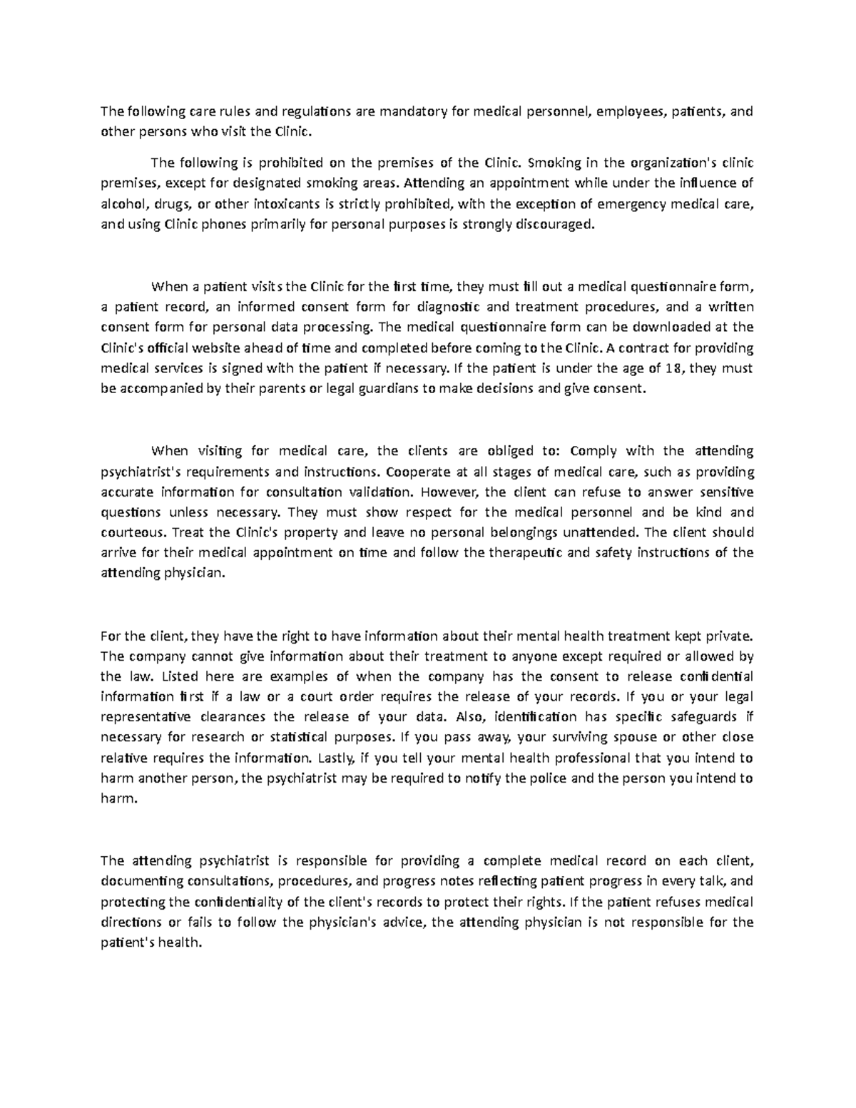 The following care rules and regulations are mandatory for medical ...