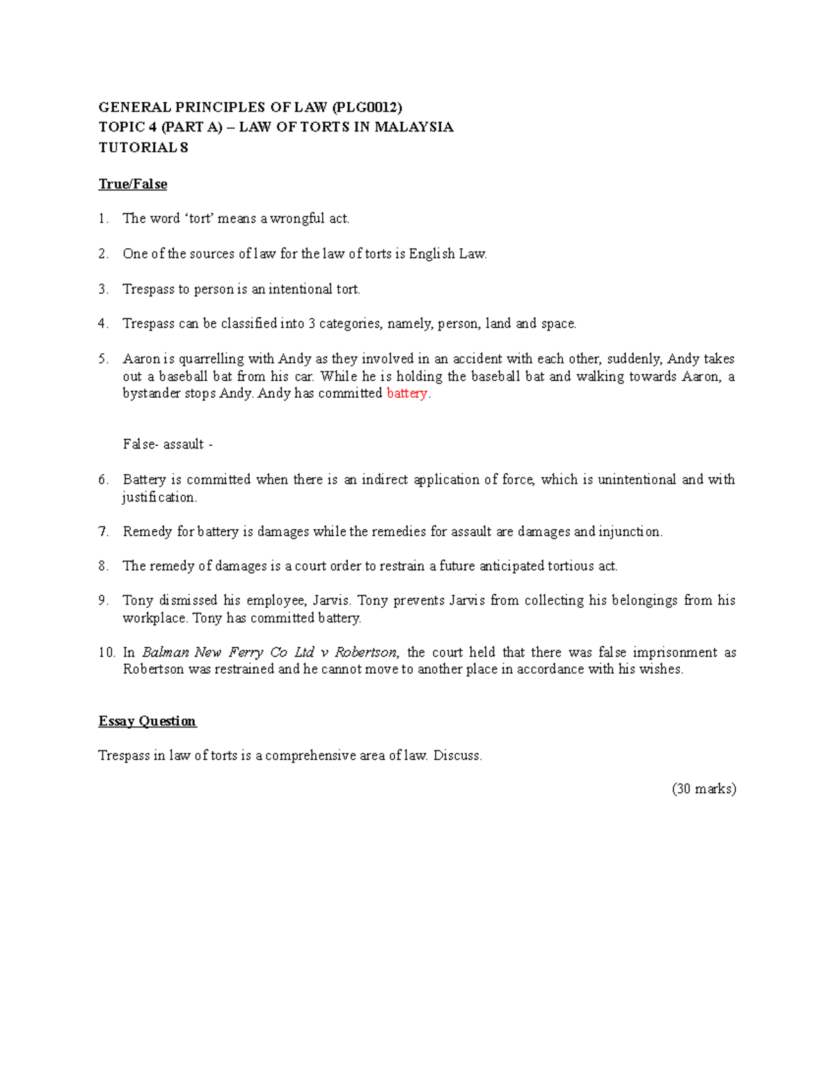 TUT 8 - Topic 4 (PART A) - GENERAL PRINCIPLES OF LAW (PLG0012) TOPIC 4 ...