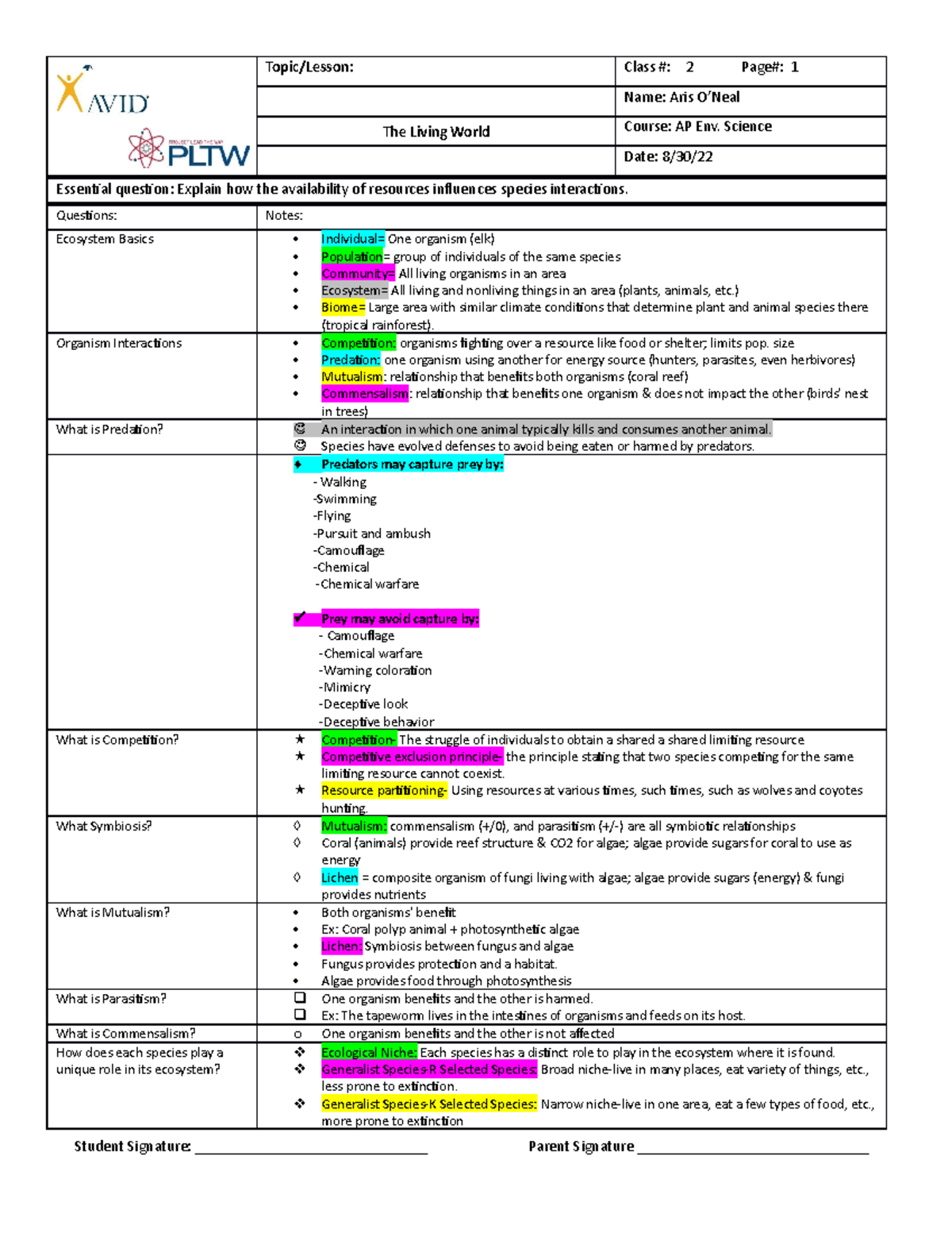 The Living World Notes, Aris O'Neal - Topic/Lesson: Class #: 2 Page#: 1 ...