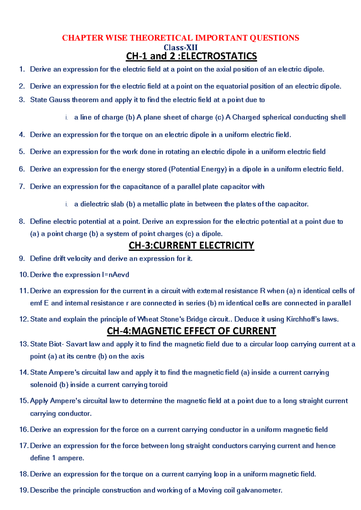Chapterwise Theoritical Questions - CHAPTER WISE THEORETICAL IMPORTANT ...