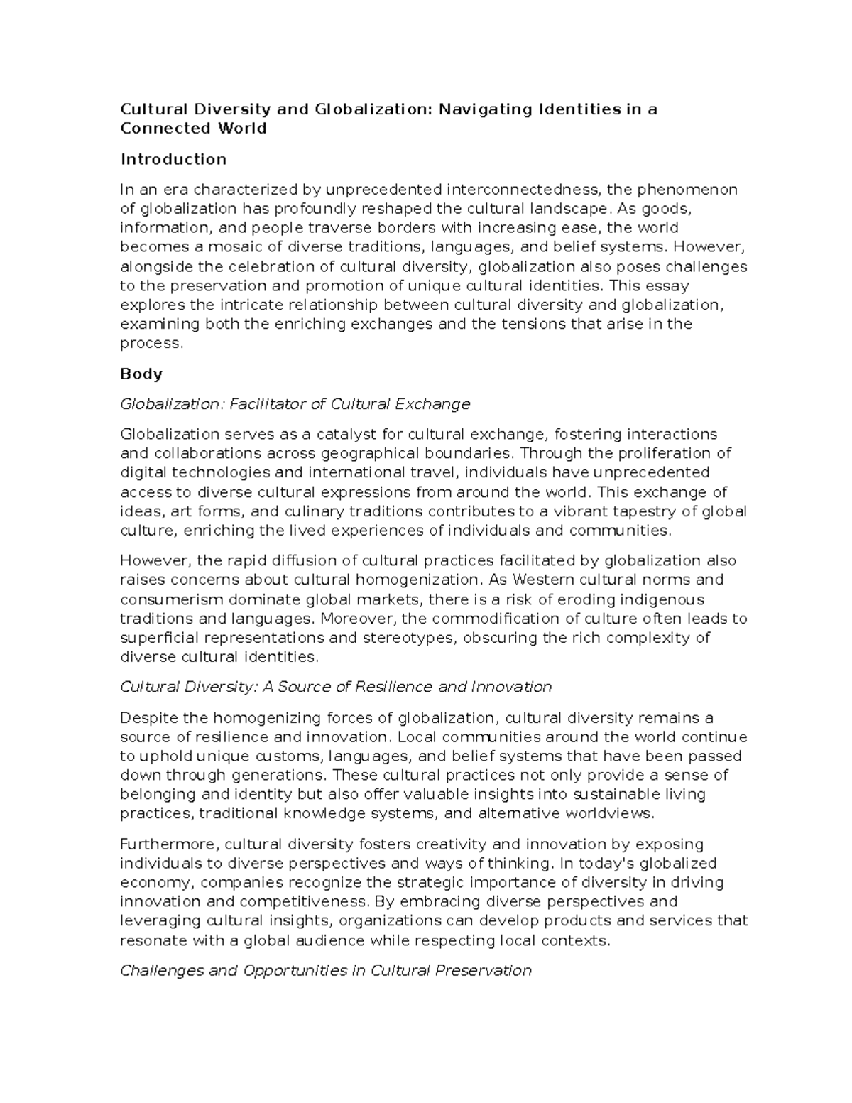 Cultural Diversity and Globalization Navigating Identities in a ...