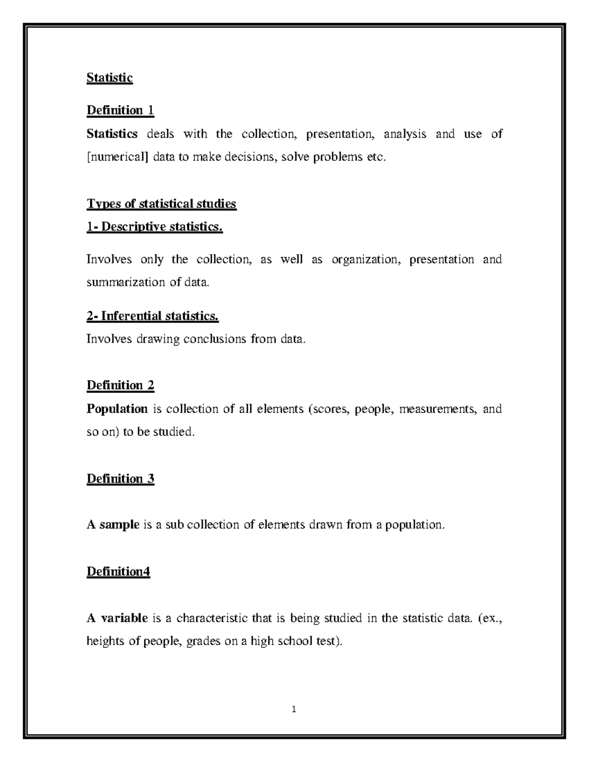 Lecture 1 2 - lec1- Statistic Definition 1 Statistics deals with the ...