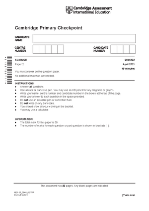 Cambridge Primary Checkpoint - Science (0846) April 2021 Paper 2 ...