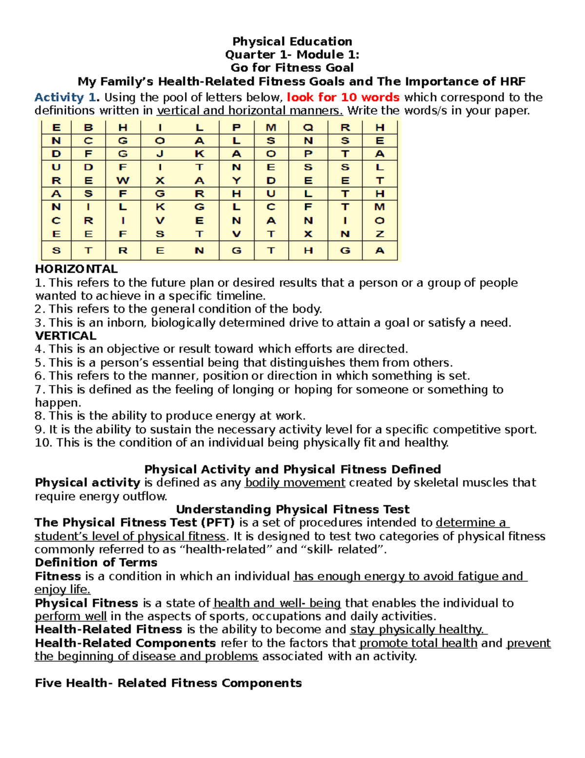 PE 8 Q1 M1 LAS - Physical Education Quarter 1- Module 1: Go for Fitness ...