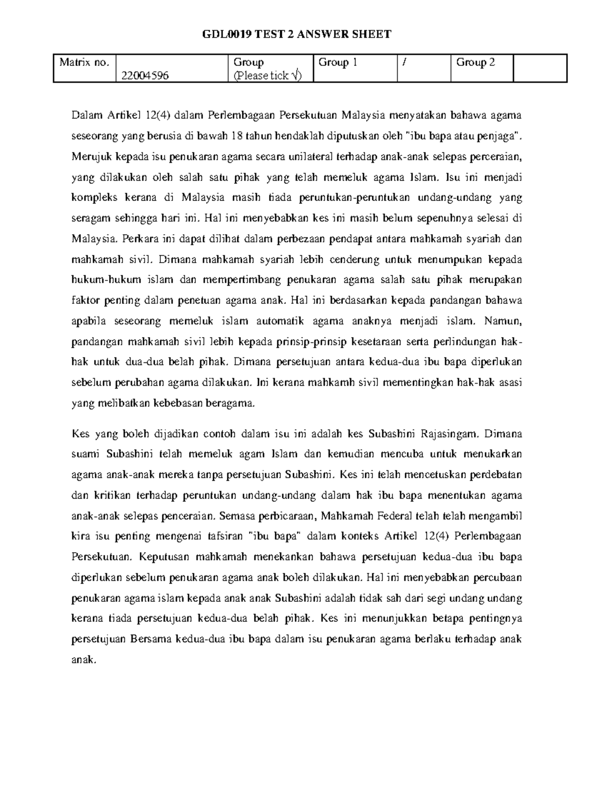 GDL0019 TEST 2 Answer Sheet - GDL0019 TEST 2 ANSWER SHEET Matrix no ...