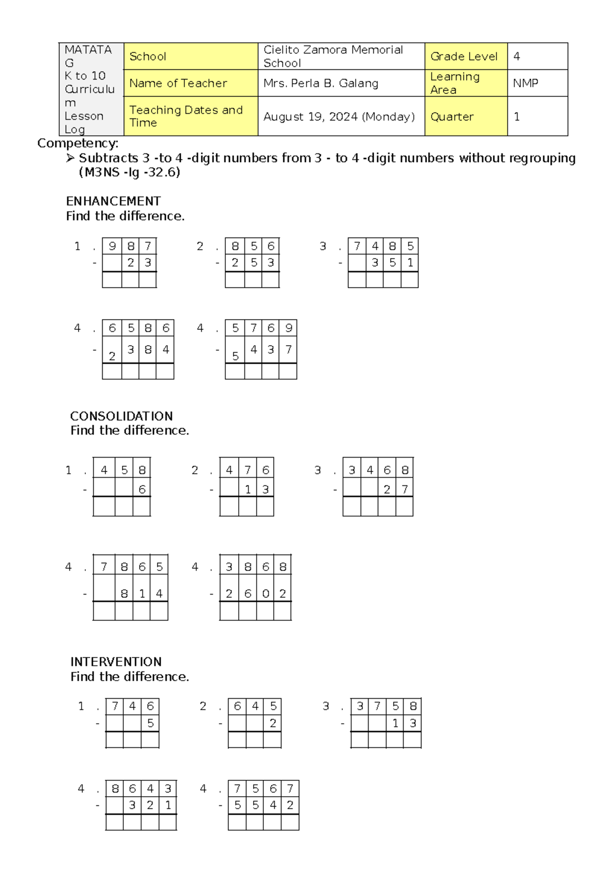 NMP Activity DAY-5 Subtraction-Wo-Regrouping - Competency: Subtracts 3 ...