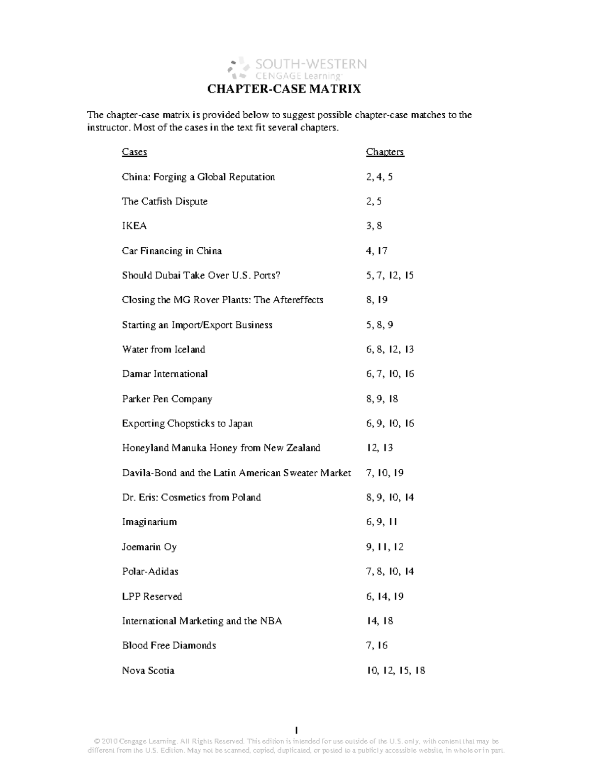 Chapter-Cases Matrix for midterm assignemnt - © 2010 Cengage Learning ...
