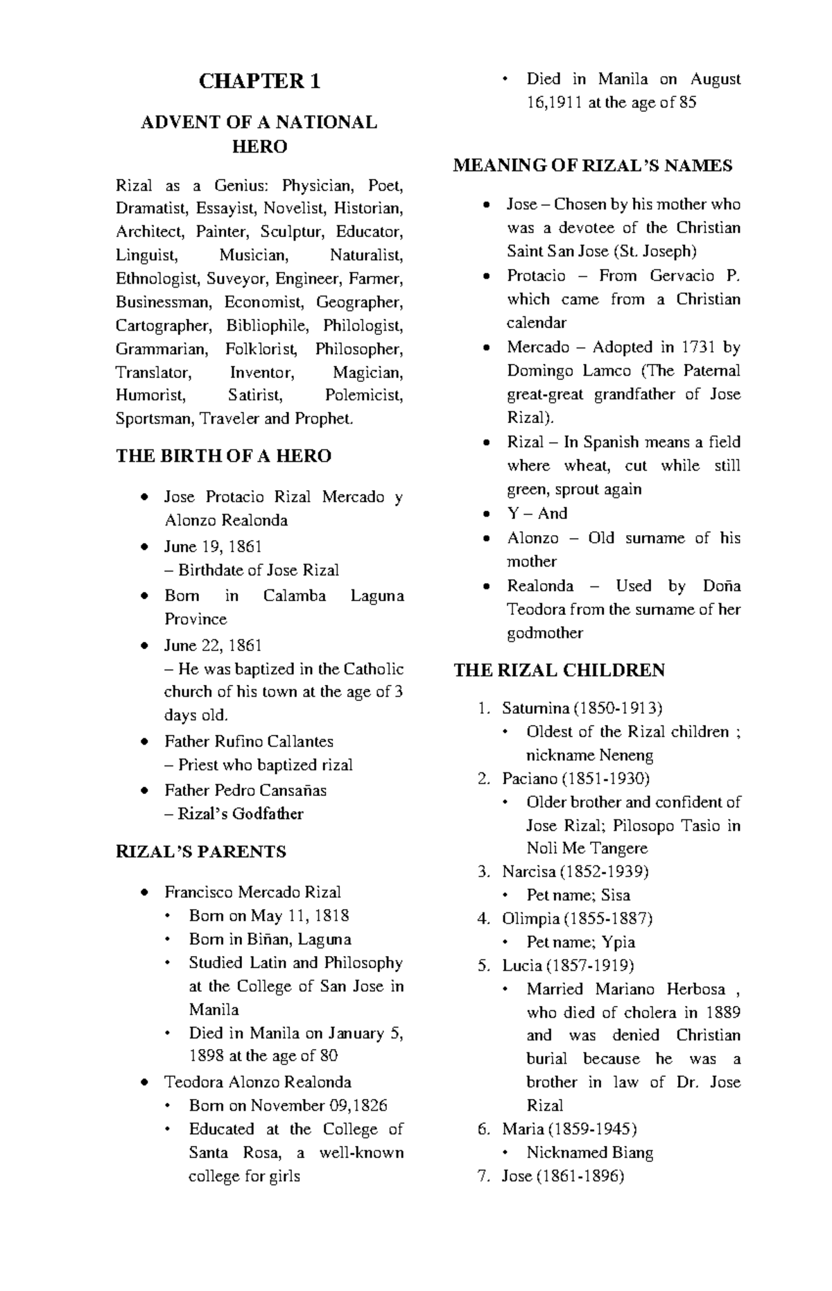 Reviewer-IN-LIFE-AND- Works-OF- Rizal chapter 1-3 - CHAPTER 1 ADVENT OF ...