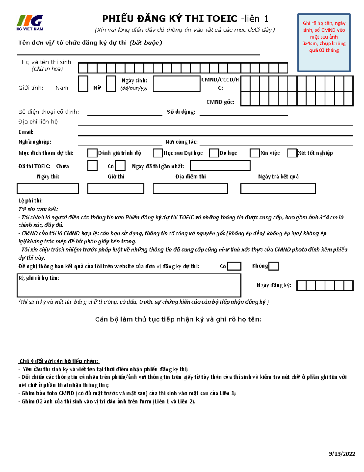 Toeic Lie n-1 - H12 - Tên đơn vị/ tổ chức đăng ký dự thi (bắt buộc) Giới tính: Nam Địa chỉ liên ...