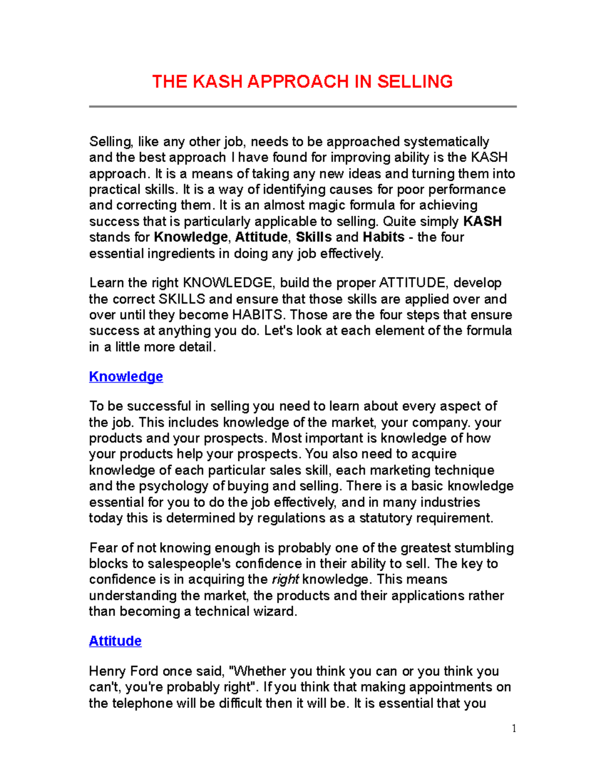 THE KASH Approach IN Selling - THE KASH APPROACH IN SELLING Selling ...