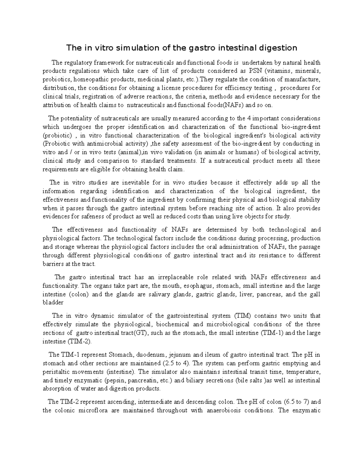 In vitro analysis - Notes de cours 1 - The in vitro simulation of the ...