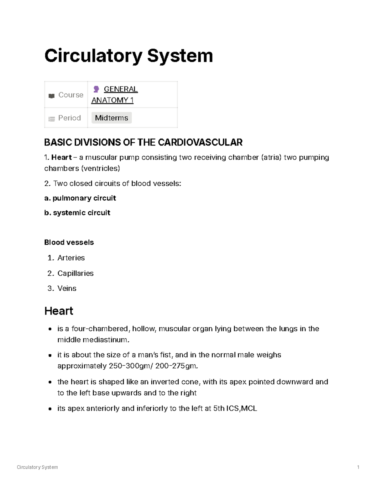 Circulatory System - notes - Circulatory System Course GENERAL ANATOMY ...