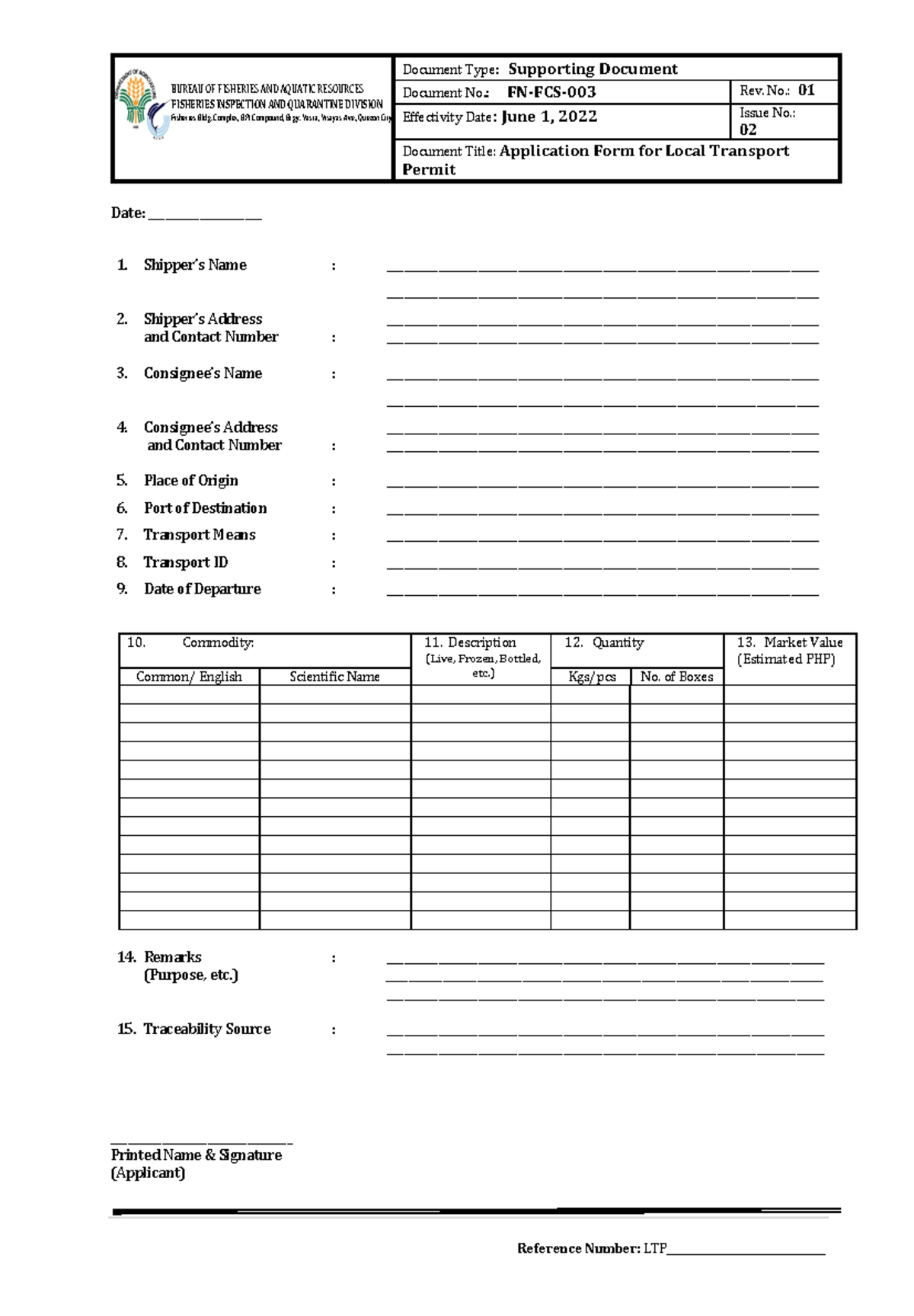 FN FCS 003 LTP Application Form issue 02 Updated - BUREAU OF FISHERIES ...