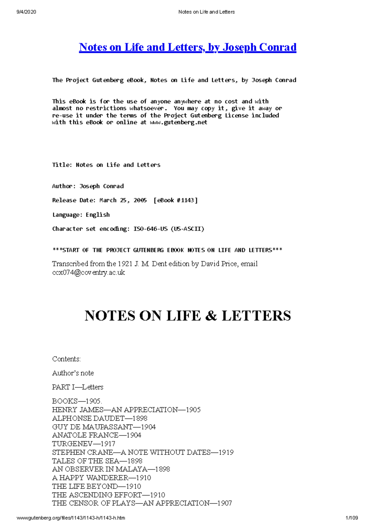 Jospeh Conrad Notes on Life and Letters - Notes on Life and Letters, by ...