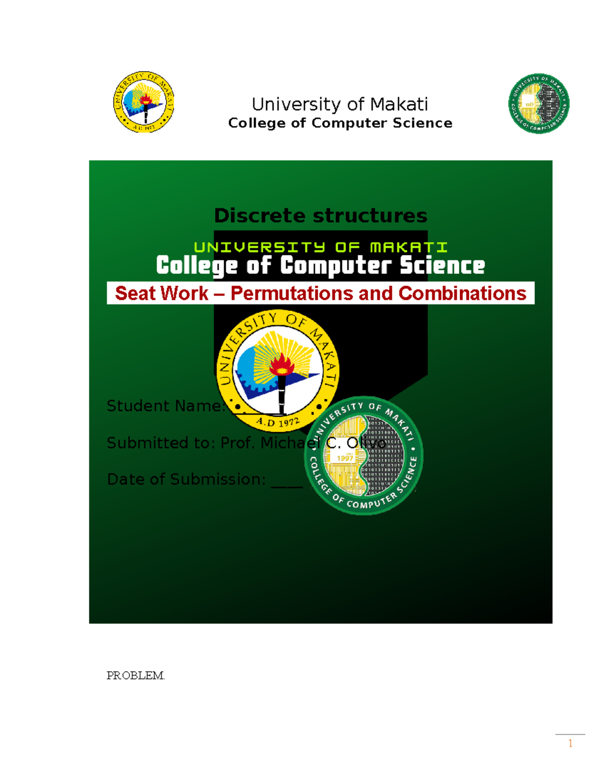 Seat Work - Permutations and Combinations - University of Makati College of Computer Science ...