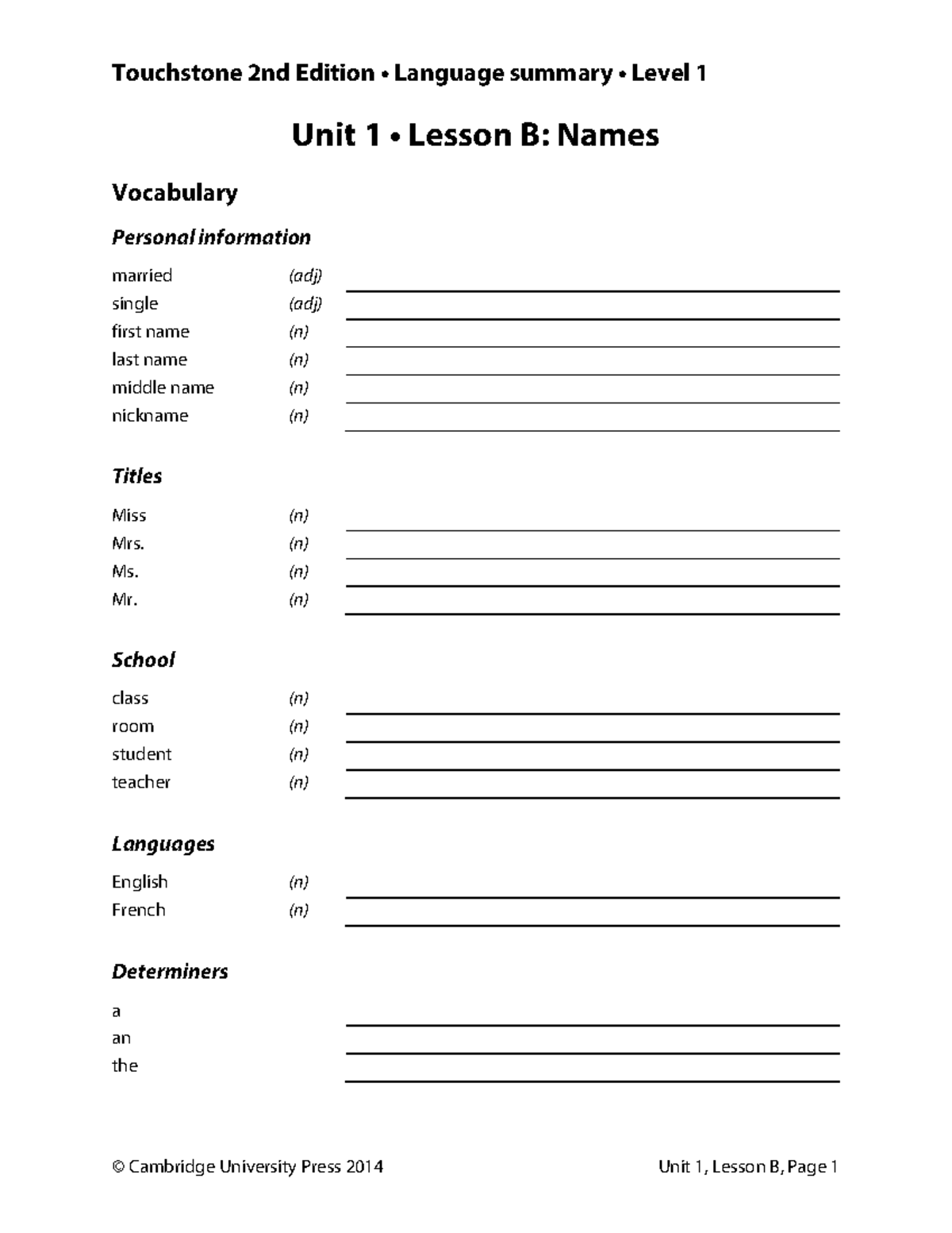 TS2e L1 U1 LB Langsum - Touchstone 2nd Edition • Language summary • Level 1 Unit 1 • Lesson B ...