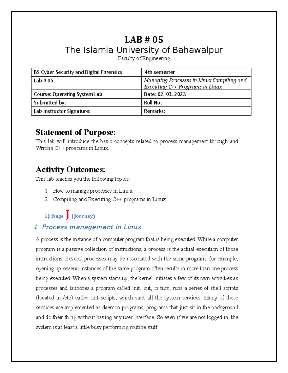 OS LAB 05 - lab manual of OS - LAB # 05 The Islamia University of ...