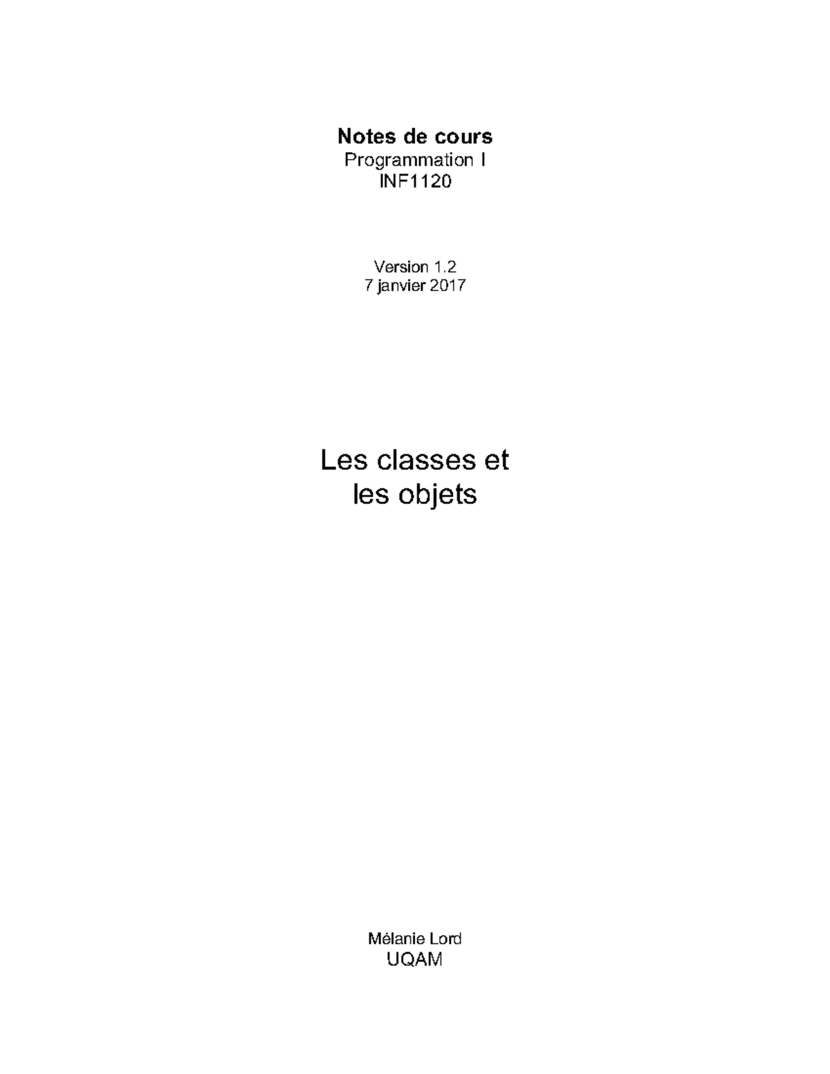 Notes Cours classes Et Objets v1 - Notes de cours Programmation I INF ...