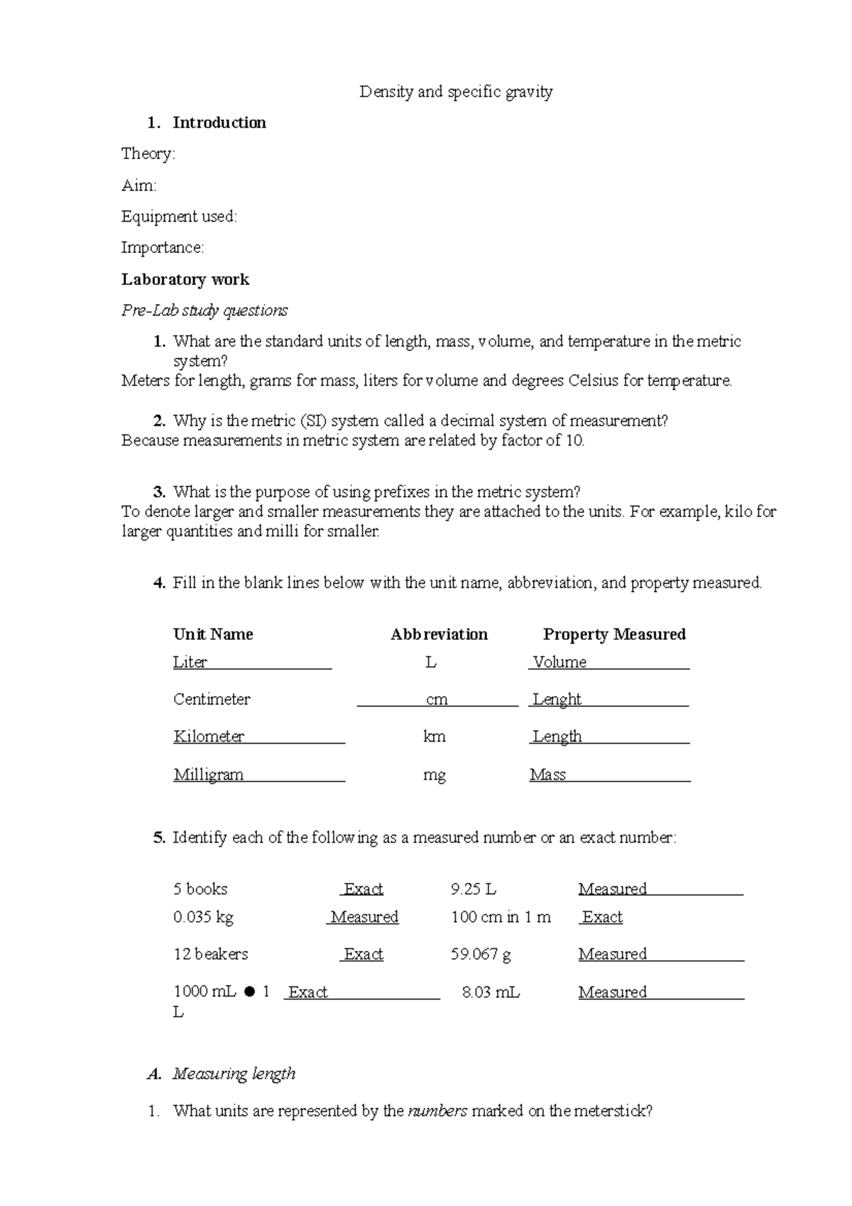 Chem Lab Density and Specific gravity - Density and specific gravity 1 ...