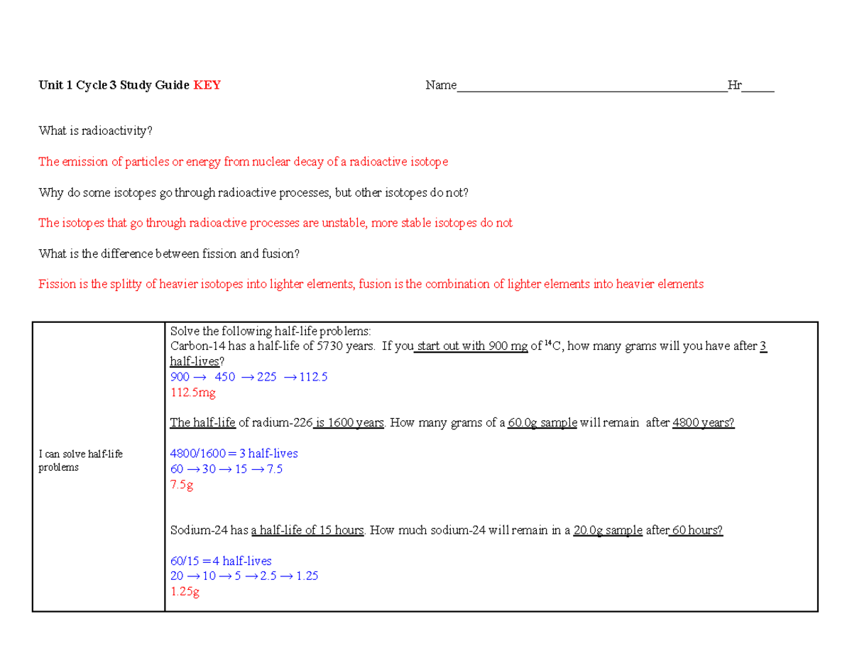 Study Guide Nuclear Chemistry-Cycle 3 KEY - Unit 1 Cycle 3 Study Guide ...
