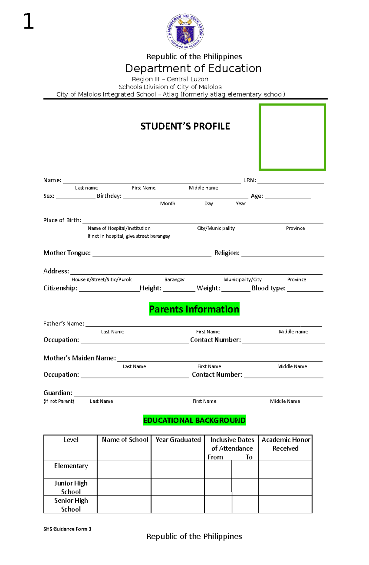 Students-profile - Republic of the Philippines Department of Education ...