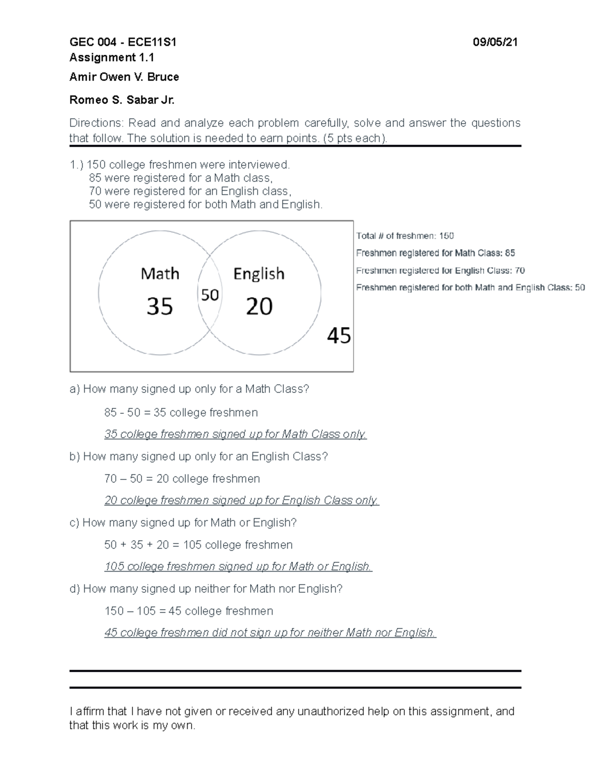 Bruce-Sabas Assignment-1 - GEC 004 - ECE11S1 09/05/ Assignment 1. Amir ...