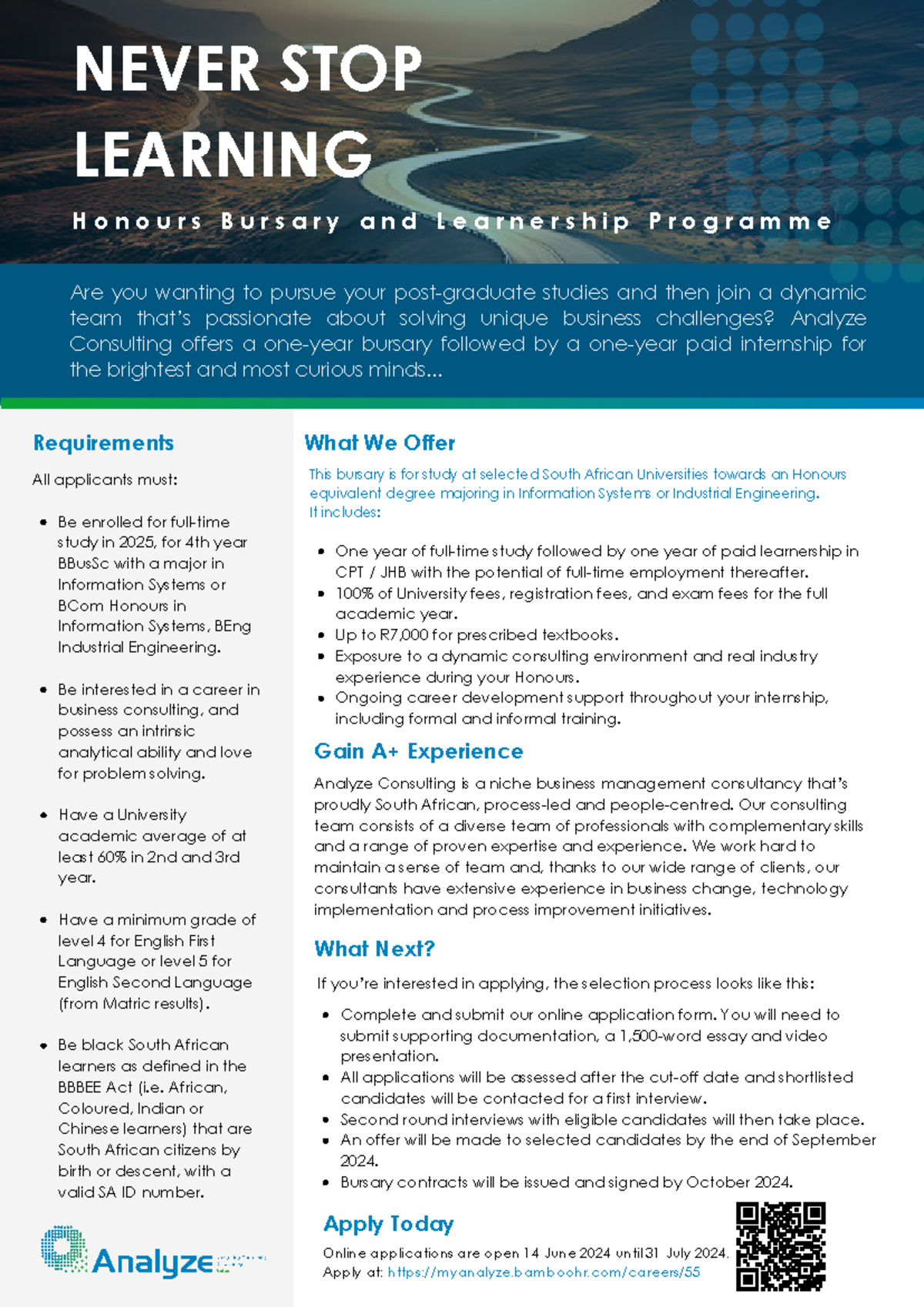 Analyze consulting 2025 bursary flyer - NEVER STOP LEARNING Apply Today ...