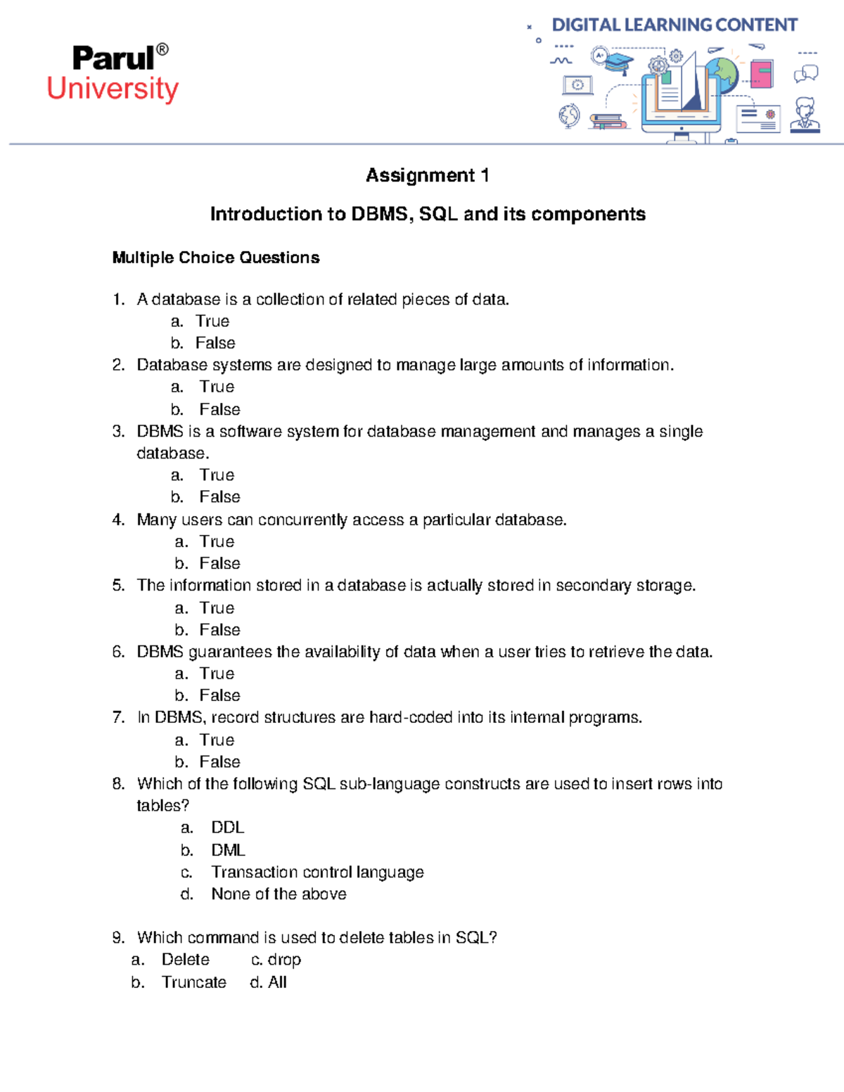 Assignment-1 - DBMS SUBJECT OF 3rd semister . - Assignment 1 Introduction to DBMS, SQL and its ...