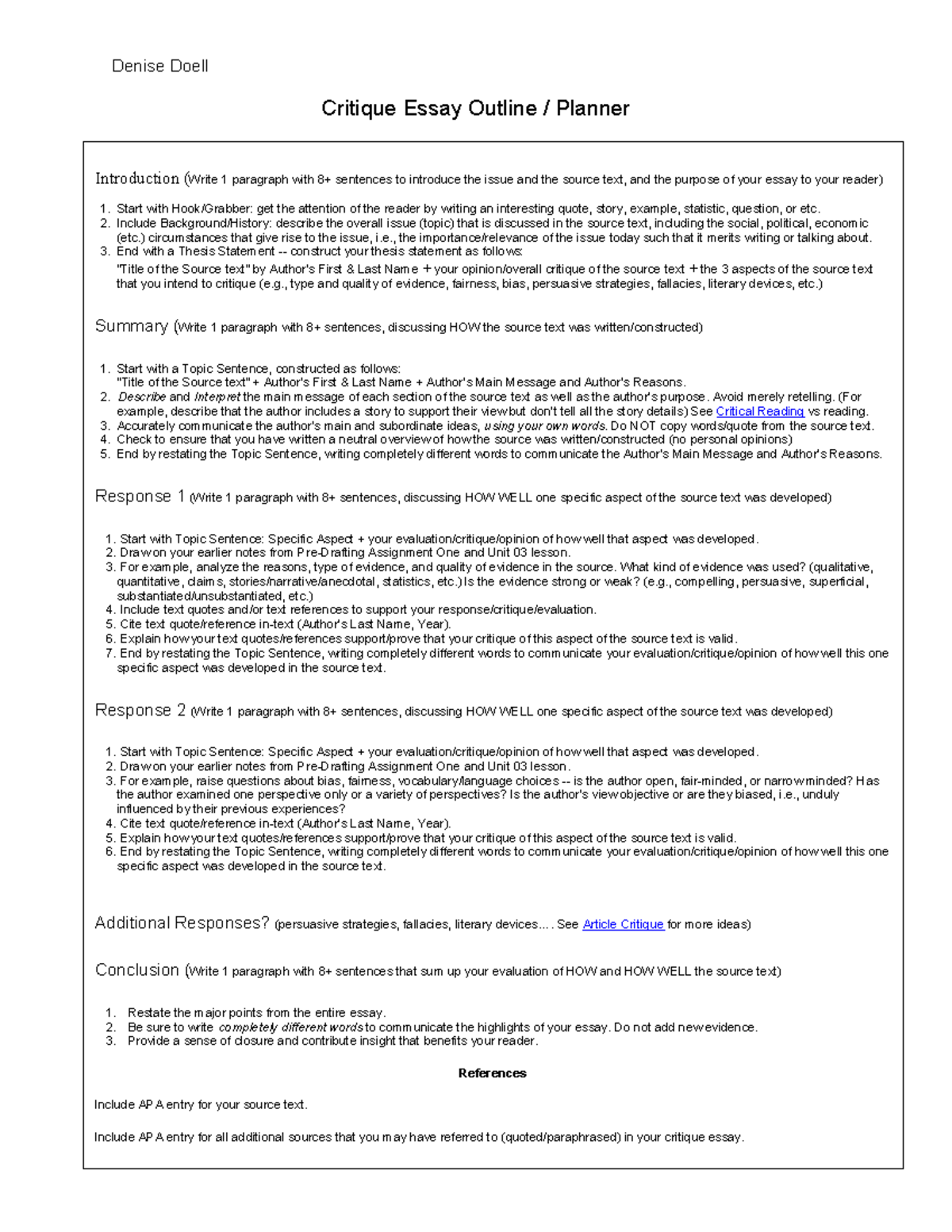COMM170 Critique Essay Outline Planner - Denise Doell Critique Essay ...