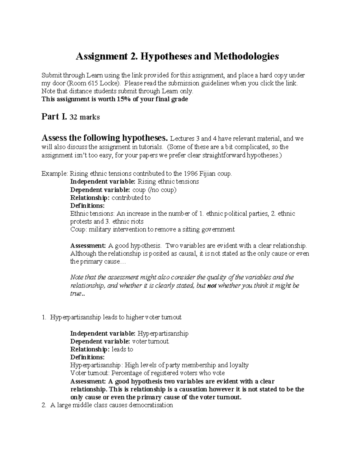 Pols hypothesis assessment copy - Assignment 2. Hypotheses and Methodologies Submit through ...