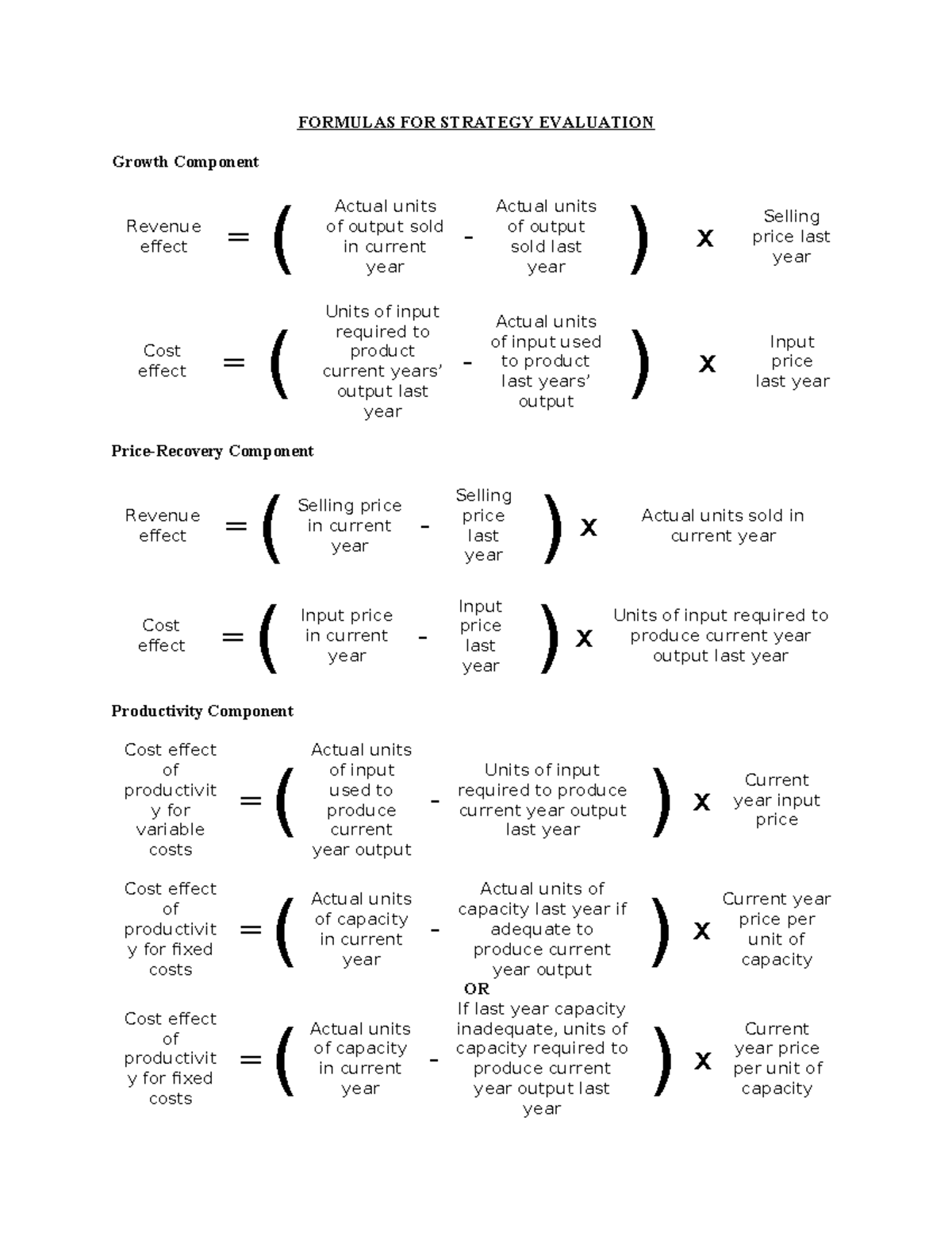Formula sheet for students - FORMULAS FOR STRATEGY EVALUATION Growth ...